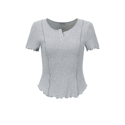 UR&DC2026夏季新款减龄感木耳边棉质纯色修身短袖T恤衫女短款上衣