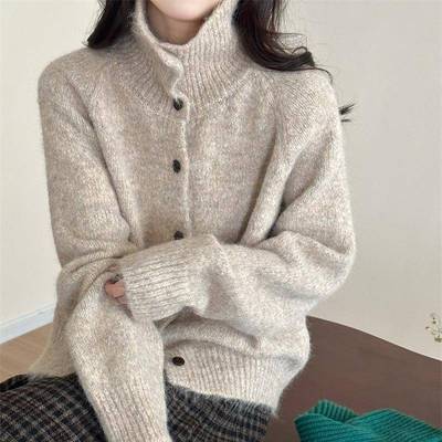 慵懒复古杂色花线高领纽扣毛衣外套女宽松秋冬软糯针织开衫厚上衣