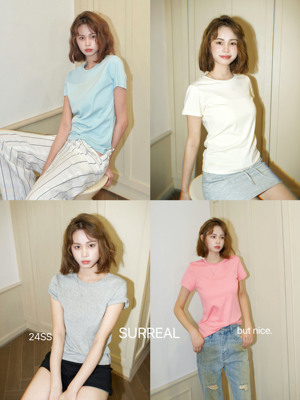 SURREAL自留推荐！四季可穿正肩圆领舒适微弹纯色T恤短袖女baby蓝