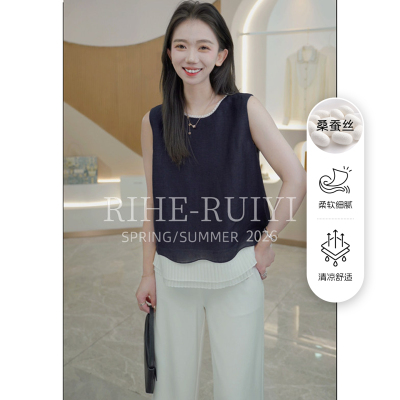 RH【拼色丝亚绸】复古RH1113新款气质显瘦拼色丝麻混纺无袖背心