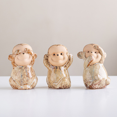 陶瓷三不猴工艺品创意客厅电视柜办公室桌面摆件家居动物装饰品