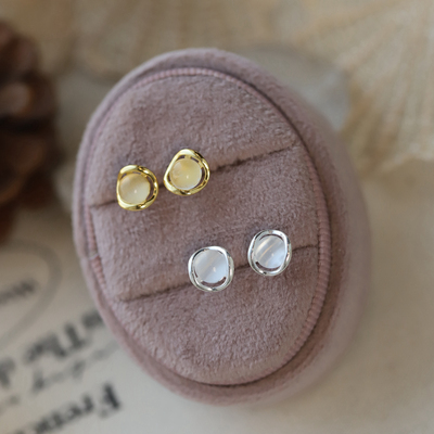 s999纯银仿猫眼石圆珠耳钉女简约