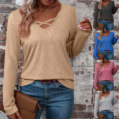 Women V-neck cross long sleeved T-shirt top女V领交叉长袖T恤