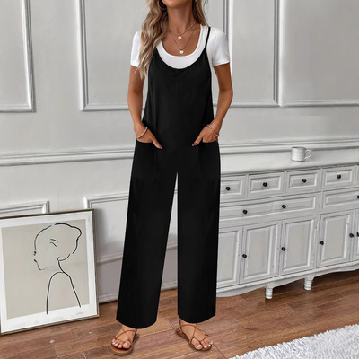 Women's summer casual pocket pants, camisole jumpsuit连体裤