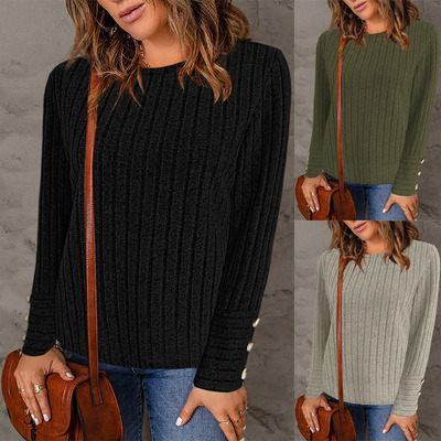 Women Winter Round Neck Long Sleeve Button Top T-shirt女T恤