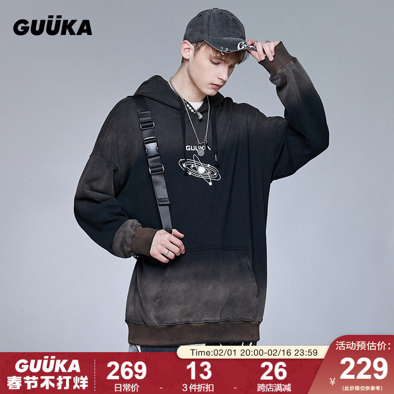 GUUKA潮牌水洗褪色卫衣男连帽学生嘻哈logo夜光压胶运动帽衫宽松_虎窝淘