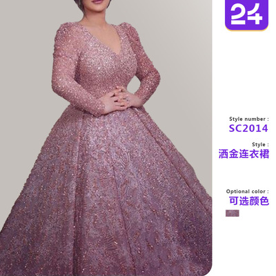 Women's long sleeved V-neck gold sprinkled pink long dress