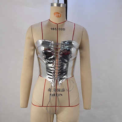 Women's PU leather waist cinched cardigan vest女pu皮小背心