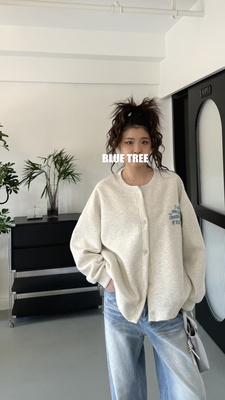 bluetree春季新款字母前后刺绣卫衣女开衫外套百搭校园上衣宽松潮