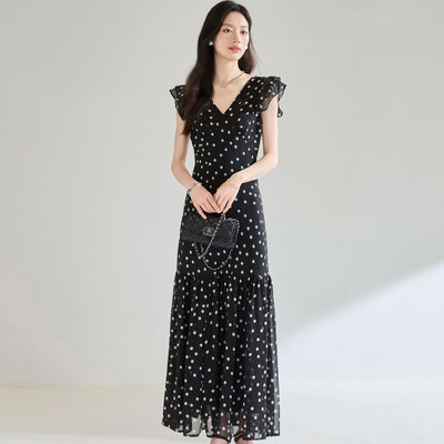 夏季飞飞袖波点连衣裙收腰显瘦V领性感露背优雅气质长裙25322