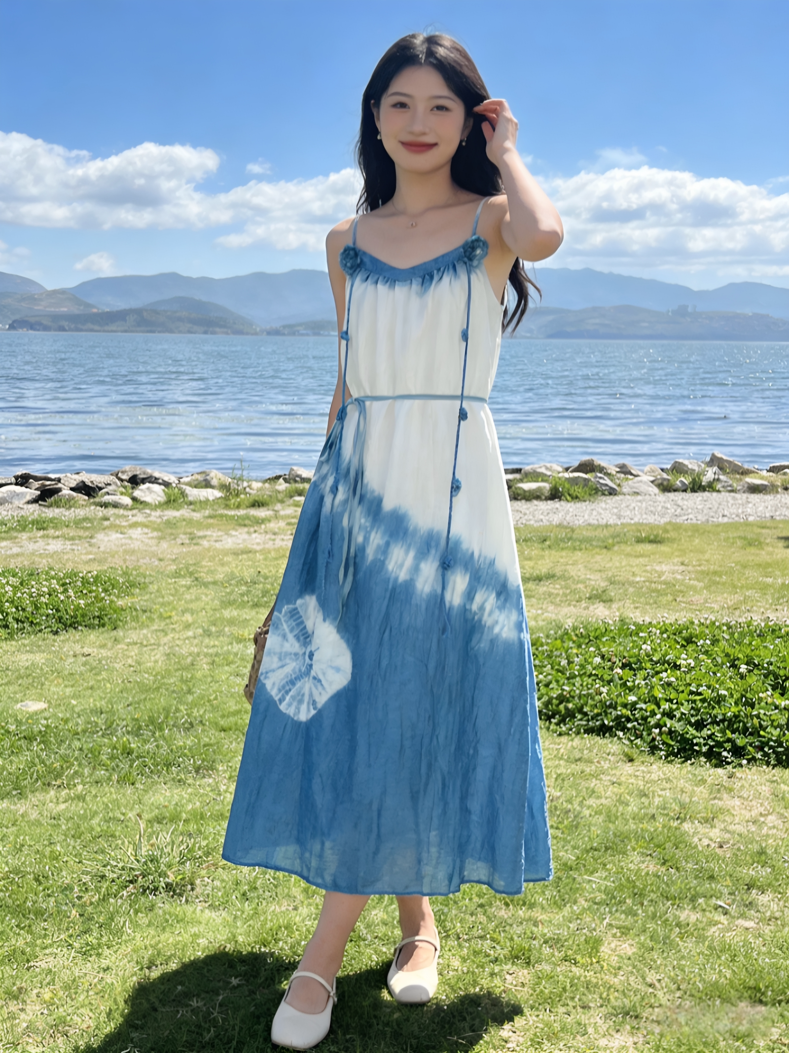 大理扎染裙子吊带连衣裙女夏季收腰显瘦度假裙吊带裙甜美气质长裙