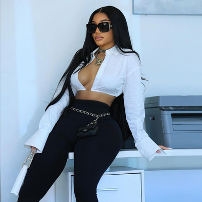 开衫收腰翻领长袖衬衫