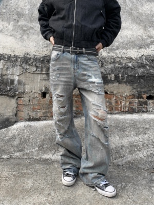 重工手割破洞做旧水洗牛仔长裤男