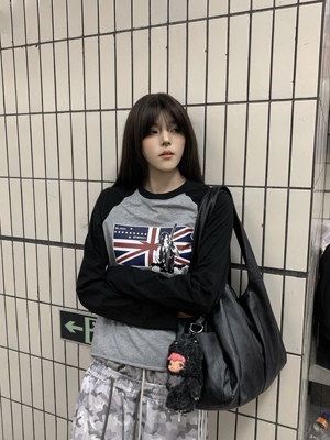 街头撞色印花圆领T恤男女打底衫