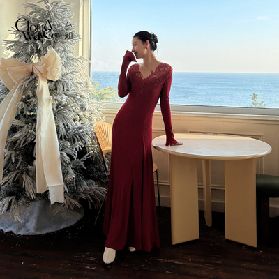 冬季新款红色针织修身大摆连衣裙