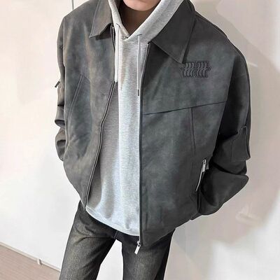 美式潮牌短款c男夹克飞行翻领复古leanfit高级感男皮衣款春秋外套