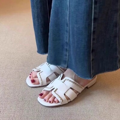 羊皮版~法式设计感小众舒适懒人平底拖鞋女镂空低跟凉拖鞋配裙子