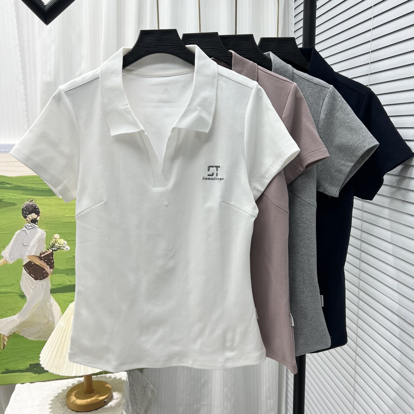 韩系气质V领正肩POLO衫t恤女夏季修身收腰翻领运动网球服短袖上衣