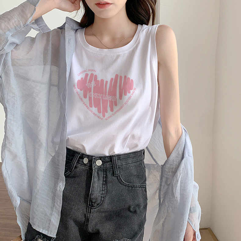 欧货宽松大码爱心时尚无袖T恤女2024年夏季新款内搭外穿背心女ins