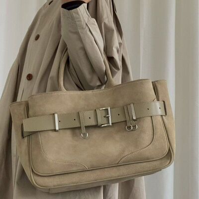 小众设计磨砂牛皮手提包皮带装饰托特包大容量公文包单肩包