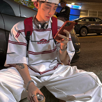 Aurocean元气少年红白撞色条纹T恤 定制针织重磅破损做旧大版短袖