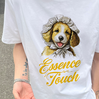 匹马棉液氨工艺清凉舒适纯棉抗皱T恤2025新款夏季小金毛印花短袖