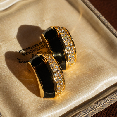 【埃莉诺】Vintage自制黑金镶钻耳夹耳饰 复古中古珐琅宫廷风高级