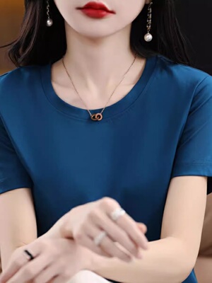 100%丝光棉V领宽松短袖T恤女