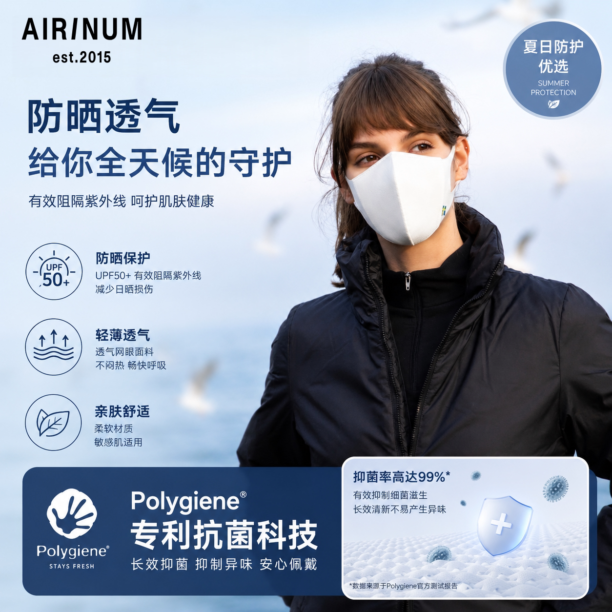 AIRINUM睿铂 日常通勤舒适透气防晒口罩LFM抗菌立体可水洗不勒耳