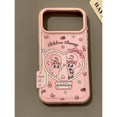 艾斯乐粉兔子适用苹果16promax手机壳iPhone15promax卡通14可爱13日韩12创意16女款17promax大孔皮纹气囊壳11