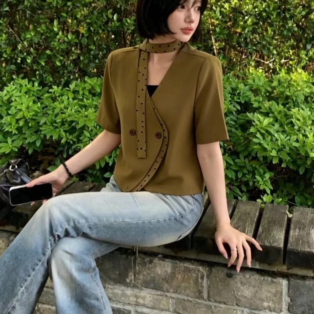 精致优美 韩国Chic时尚波点拼接西装短外套 单扣短袖韩版外套