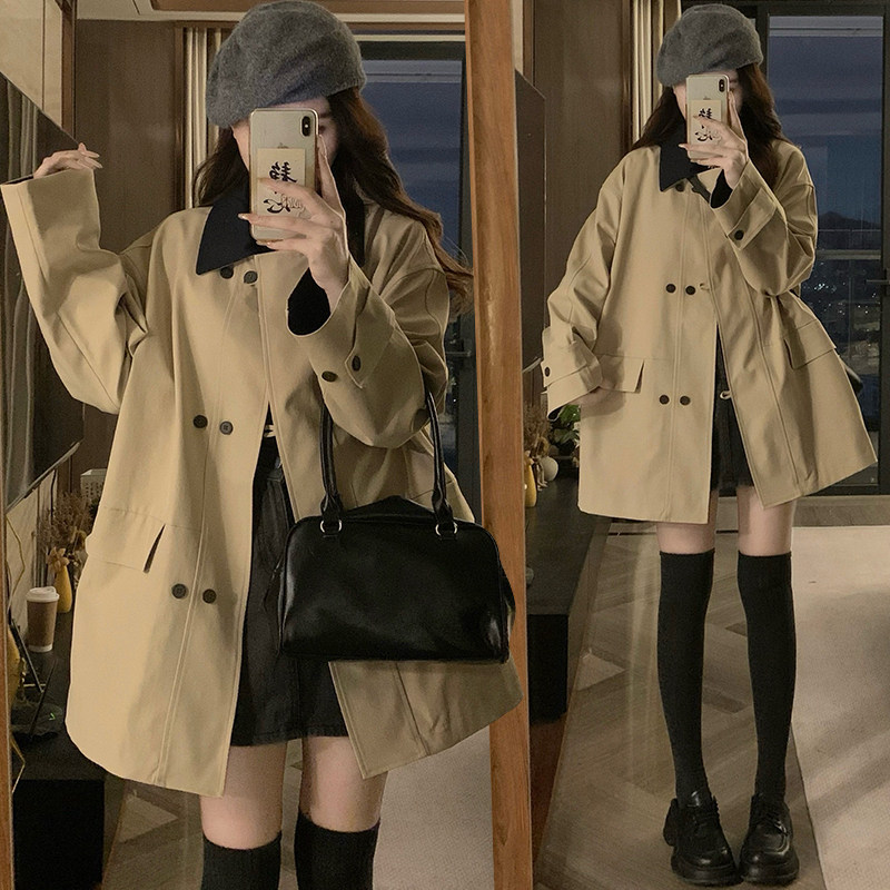 实拍复古巴恩风撞色翻领双排扣风衣女春秋休闲外套小个子中长款