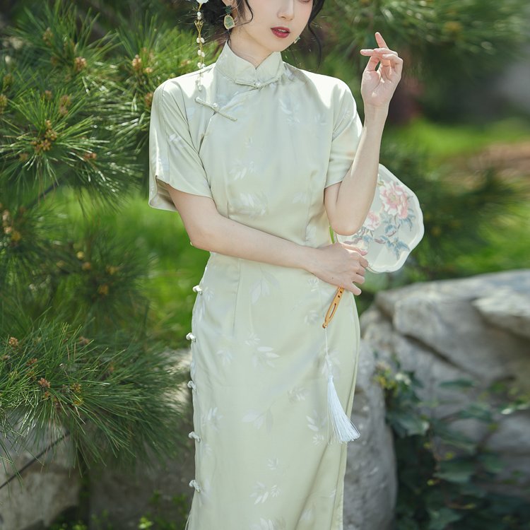 实拍 复古清新绿印花全开襟古典仙女风改良旗袍 控价+40