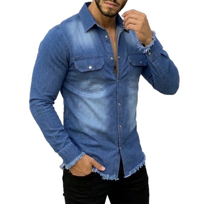 Men's long sleeved denim shirt snap button casual shirts衬衫
