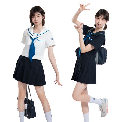 猫看花星屿私立原创白色绀色显瘦穿搭水蓝水手服长短袖校供春秋