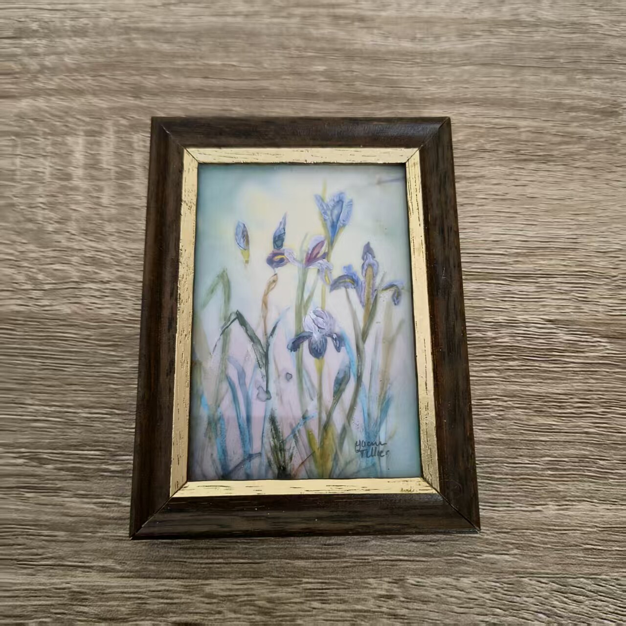 英国早期微缩画 手绘鸢尾花花卉含作者签名小画 小摆件挂画