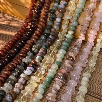 天然粉水晶黑虎眼柠檬晶印度玛瑙随形扁珠手工DIY串珠材料S271