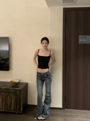 E7Q8 美式辣妹修身显瘦低腰喇叭牛仔裤女