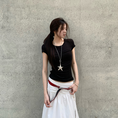 E7Q8 韩系高级感基础圆领显瘦短袖女新款设计感纯色百搭打底上衣