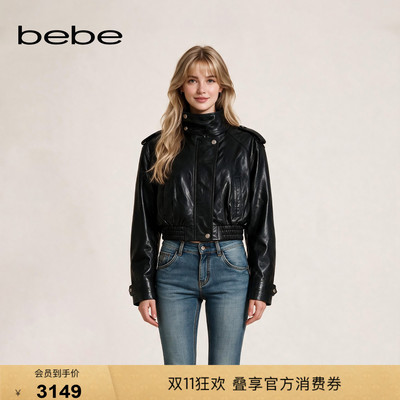 bebe2026冬季新款女士机车风黑色羊皮革短款夹克皮衣401107