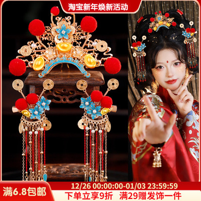 戏曲风红色毛球烧蓝发夹发冠