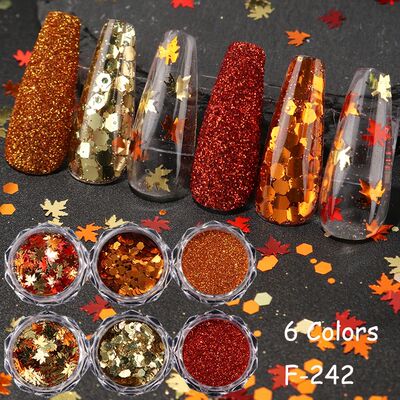 6 Boxes Golden Maple Leaves Sequ for Nails Shiny Yellow Red