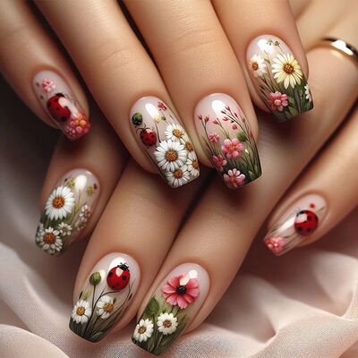 24pcs/set Meduim long fake nails for women peach flowers hea