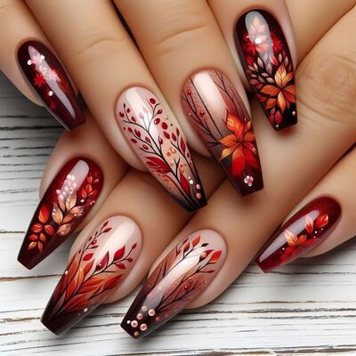 Short Medium long fake nails for Autumn Winter gradient red