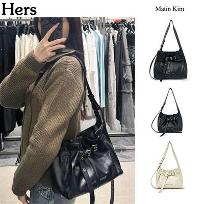 正品Matin Kim 韩国牛皮纯色抽带大容量单肩斜挎水桶包女