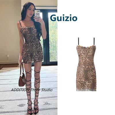 折扣 Guizio 夏款性感辣妹风豹纹印花花边拼色修身包臀吊带连衣裙