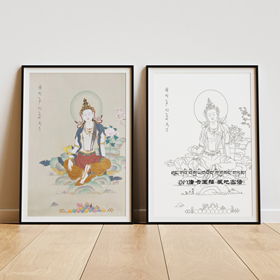 观音菩萨描金线稿唐卡描金