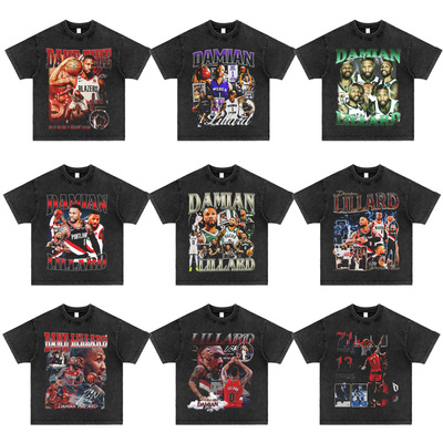 利拉德DAMIAN LILLARD美式休闲小领口纯棉做旧短袖T恤