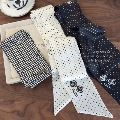 小香风黑白波点山茶花丝巾女夏季系脖高级感细窄长条领巾丝带颈饰