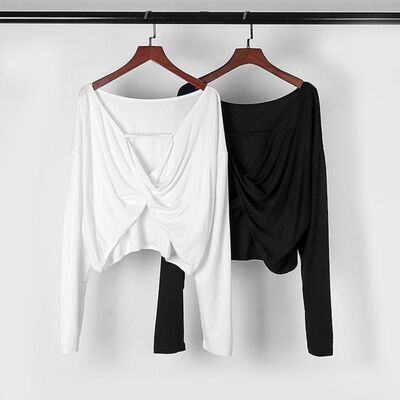 小心机性感露背长袖夏季新款宽松纯色休闲后交叉纽结舞蹈上衣大码